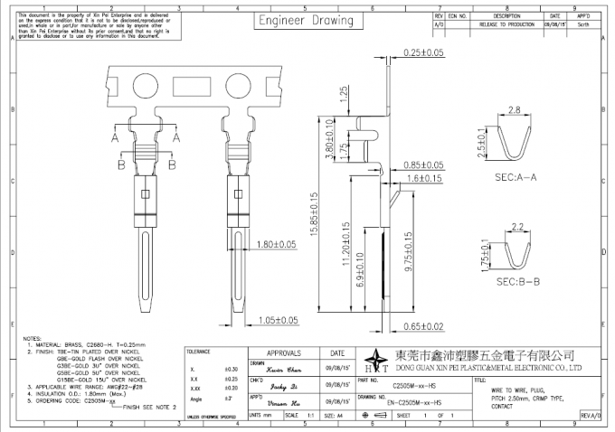 ISO Wire To Wire Connector Terminals 2.50mm Pitch Connector Crimp Terminal